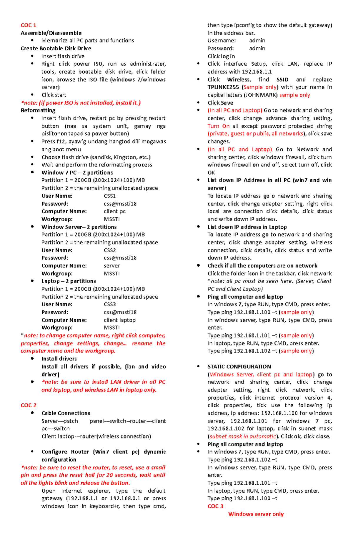 CSS Steps COC 1 - Bootable Disk & Network Configuration Guide - Studocu