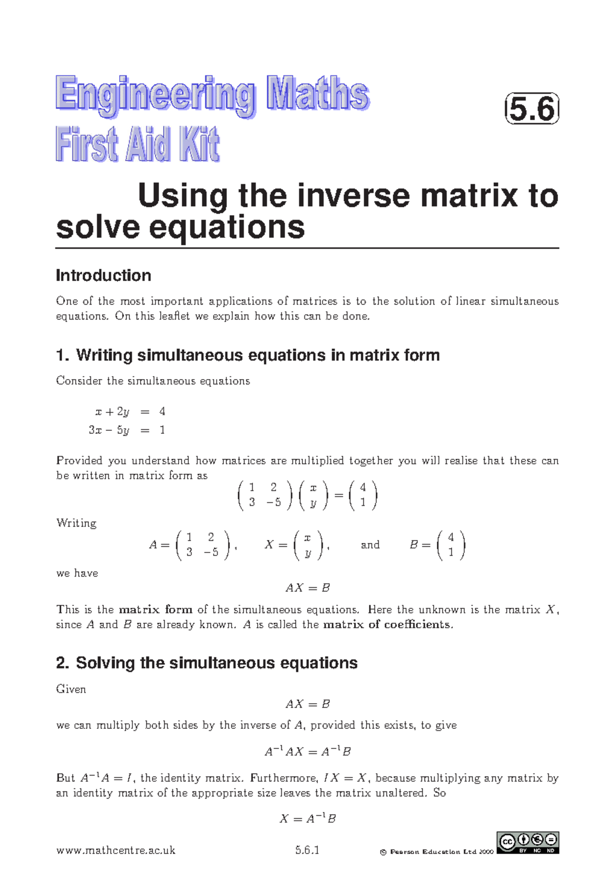 Using Inverse Matrices to Solve Linear Equations - MAT101 Lecture Notes ...