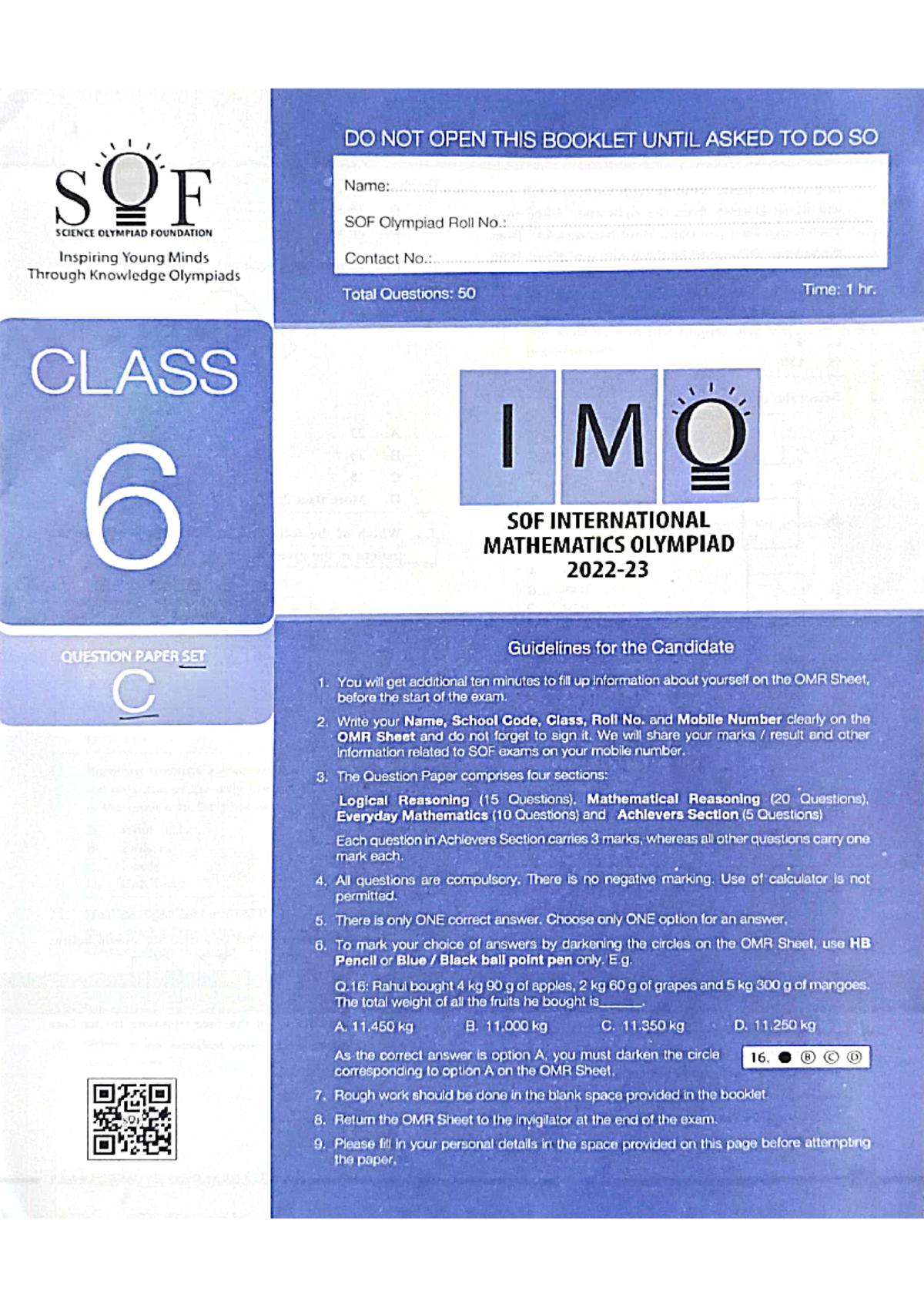 Class 6 SOF International Mathematics Olympiad 2022 23 - DO NOT OPEN ...