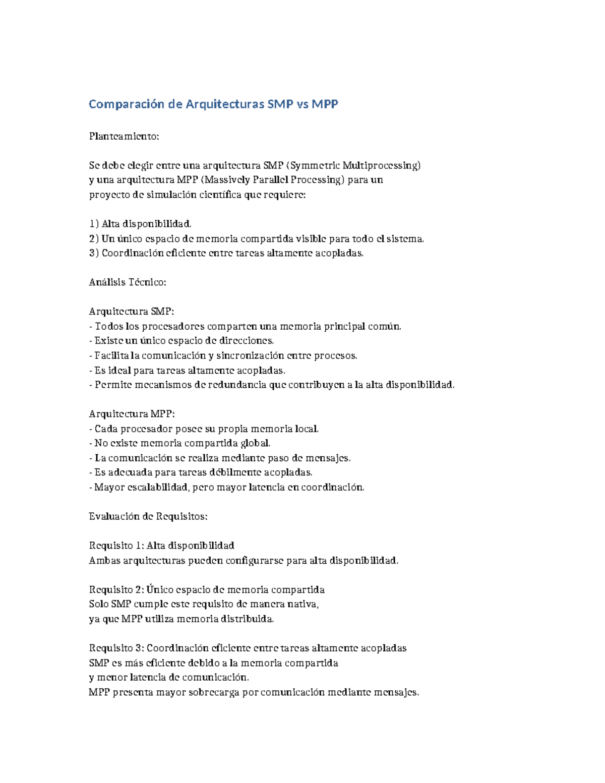 Comparación de Arquitecturas SMP vs MPP: Análisis y Requisitos - Studocu