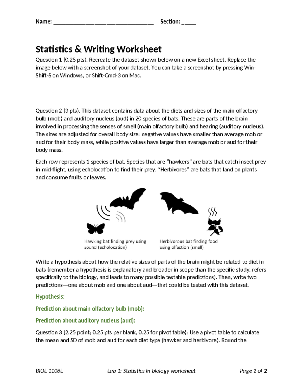 BIOL 1108L Lab 01: Stats Worksheet on Bat Brain Sizes & Diets - Studocu