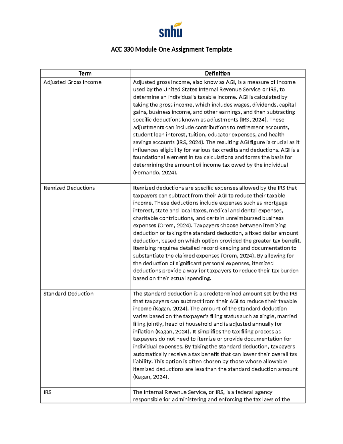 ACC 330 Module One Assignment: Key Tax Concepts Explained - Studocu