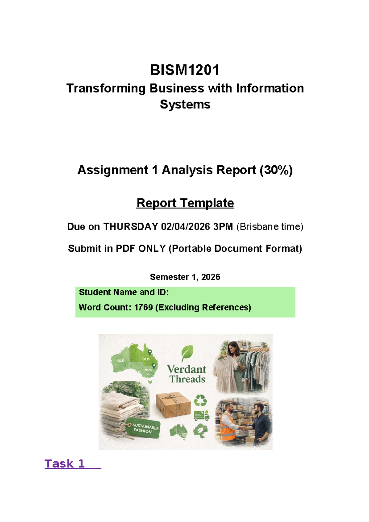 BISM1201 Assignment 1 Analysis Report: Verdant Threads' Strategy ...
