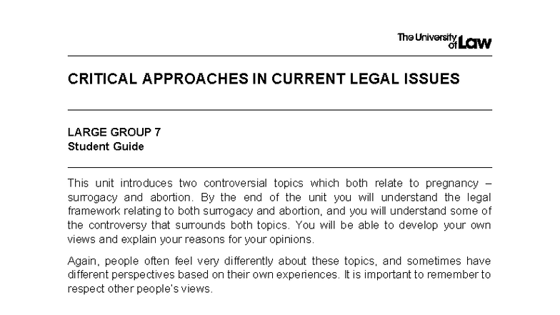CRITICAL LEGAL ISSUES IN SURROGACY & ABORTION (LG07) Student Guide ...