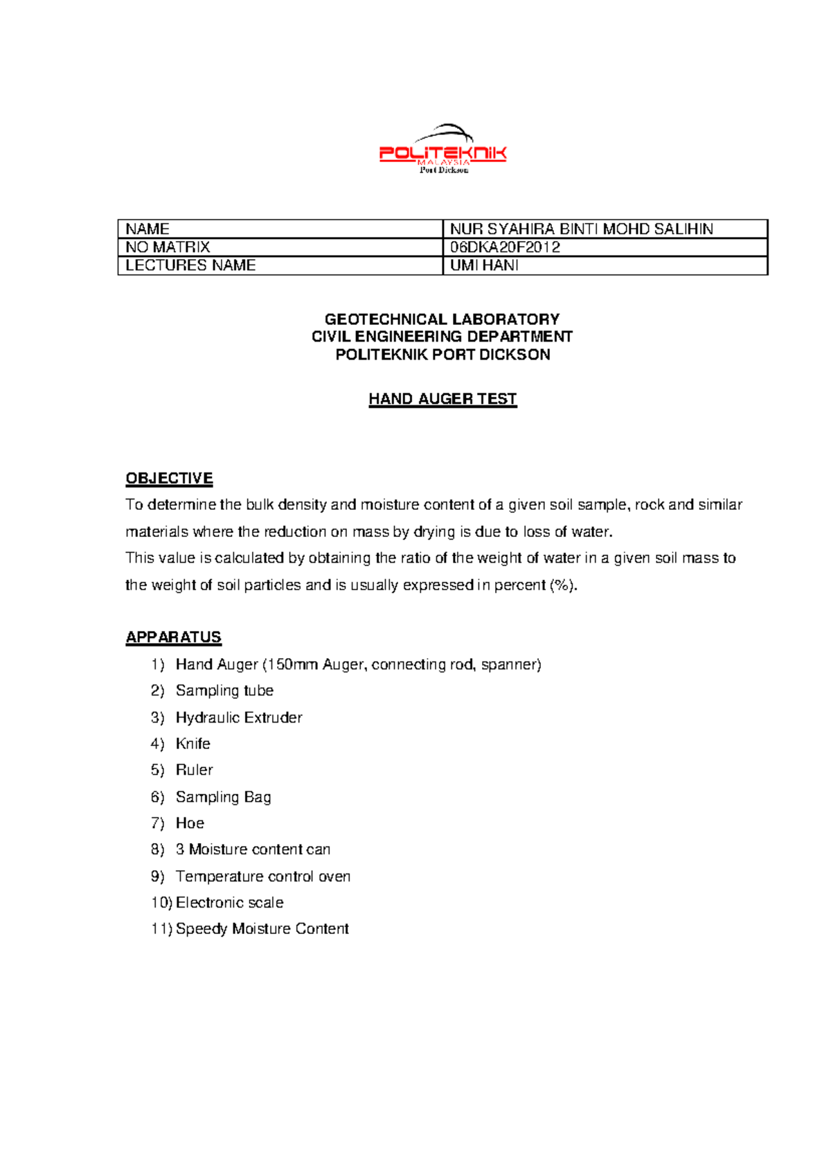 Hand Auger Test Method: Soil Density & Moisture Analysis in Geotech Lab ...