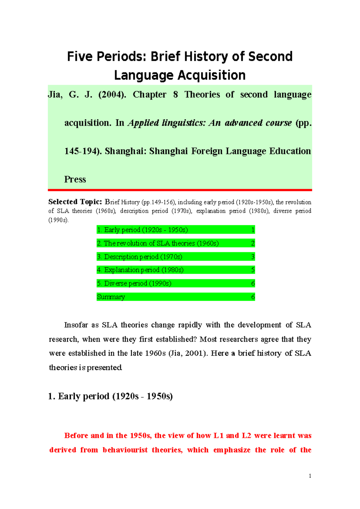 L-1 History of SLA - english - Five Periods: Brief History of Second ...