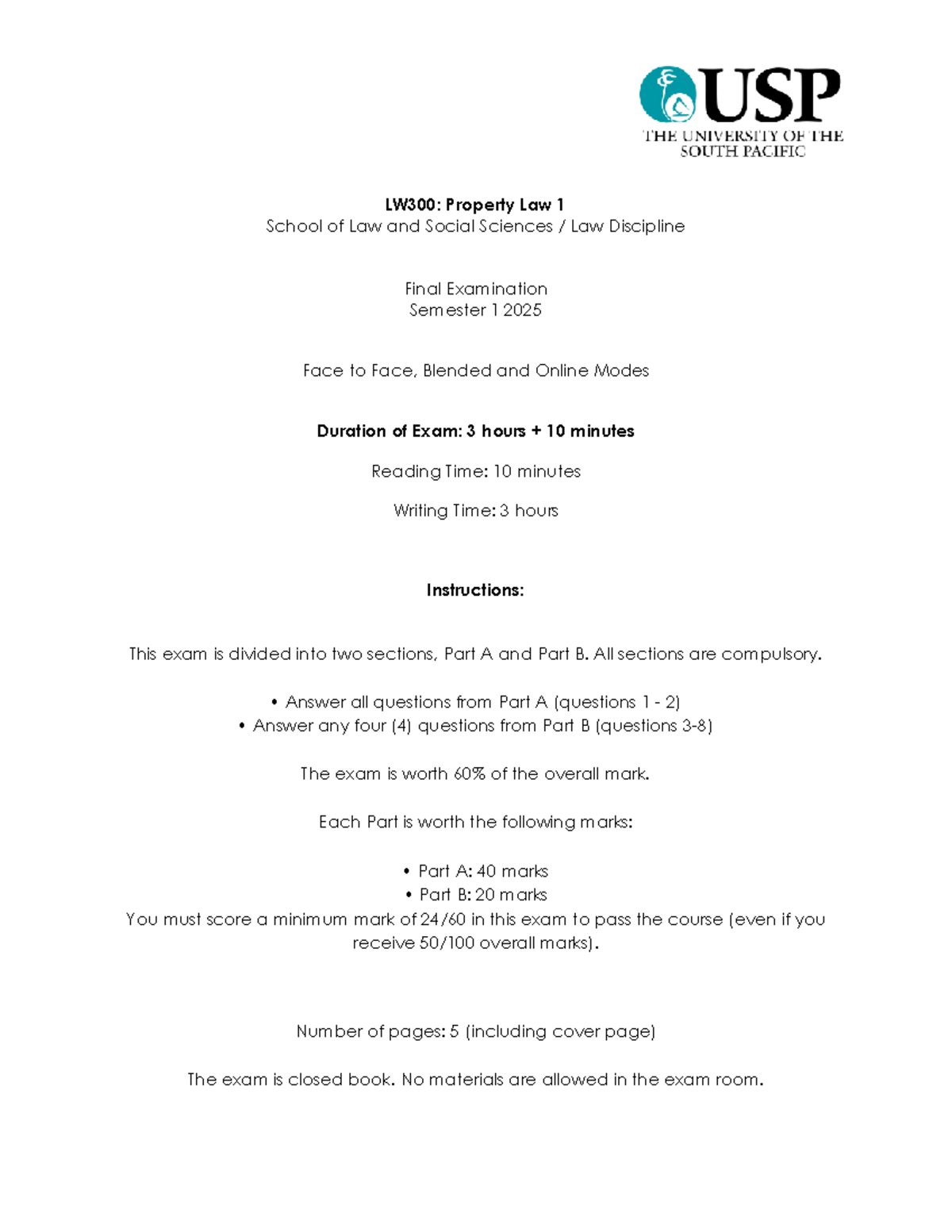 LW300: Property Law 1 Final Exam Paper Semester 1 2025 - Studocu