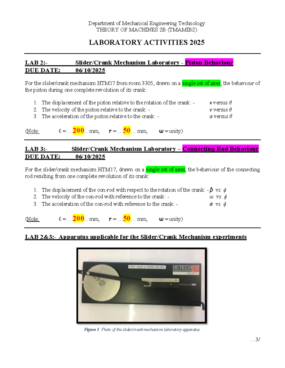 TMAMIB2 Mechanism Laboratory Activities: Labs 2 & 3 (2025) - Studocu