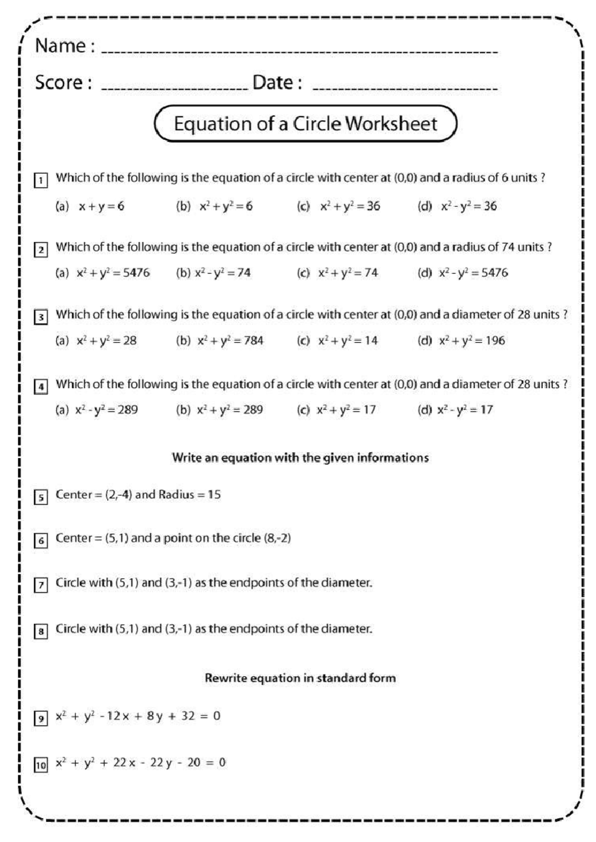 Equation of a Circle Worksheet (Math 101) - Studocu