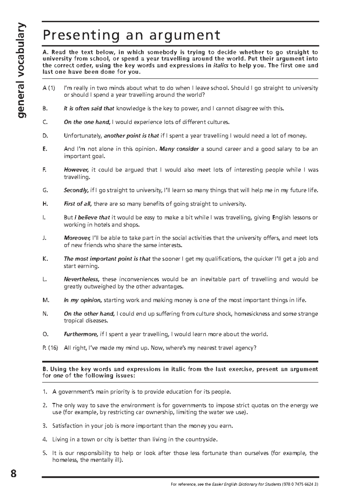 General Vocabulary: Presenting an Argument and Reason & Result Idioms ...