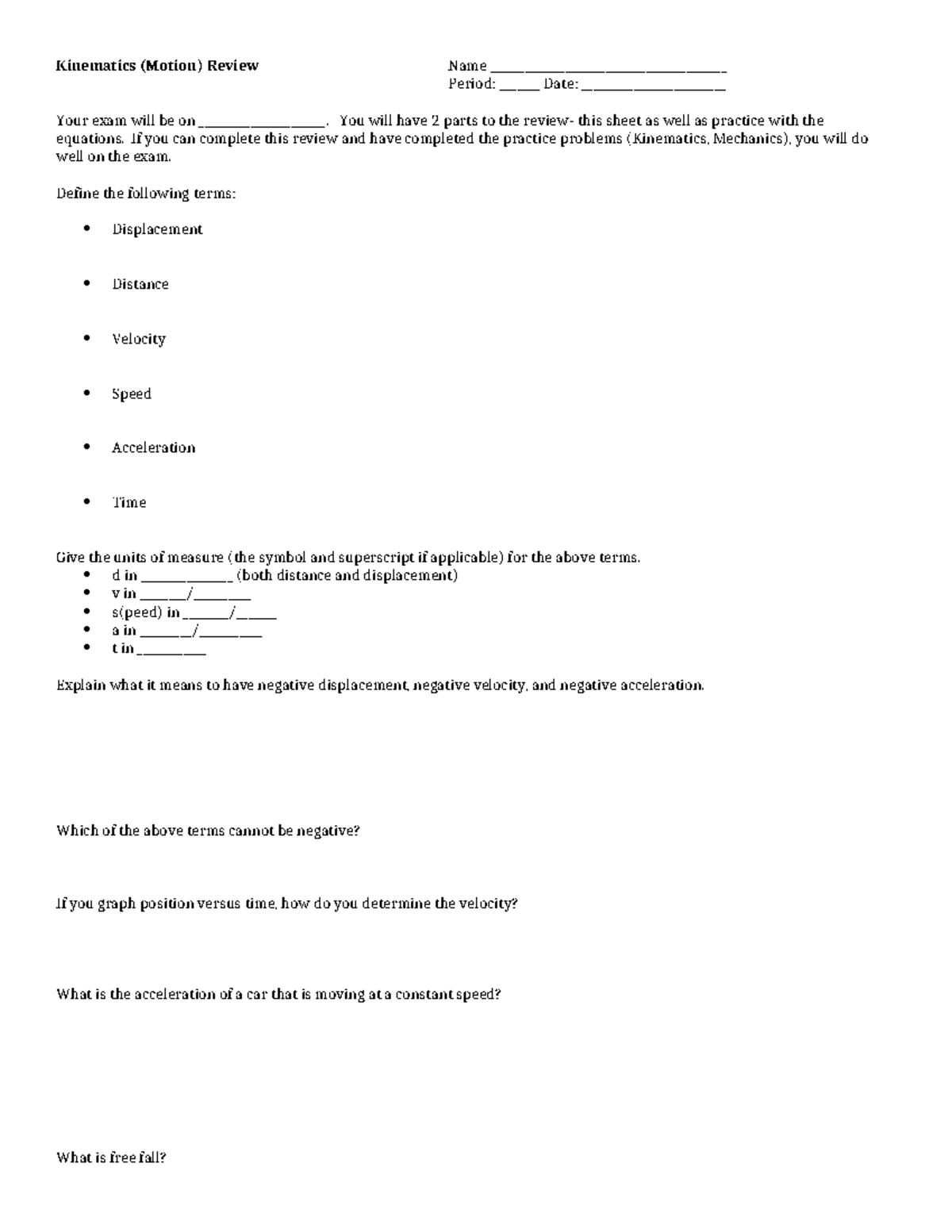 Kinematics Test Review 2025 - Kinematics (Motion) Review Name - Studocu