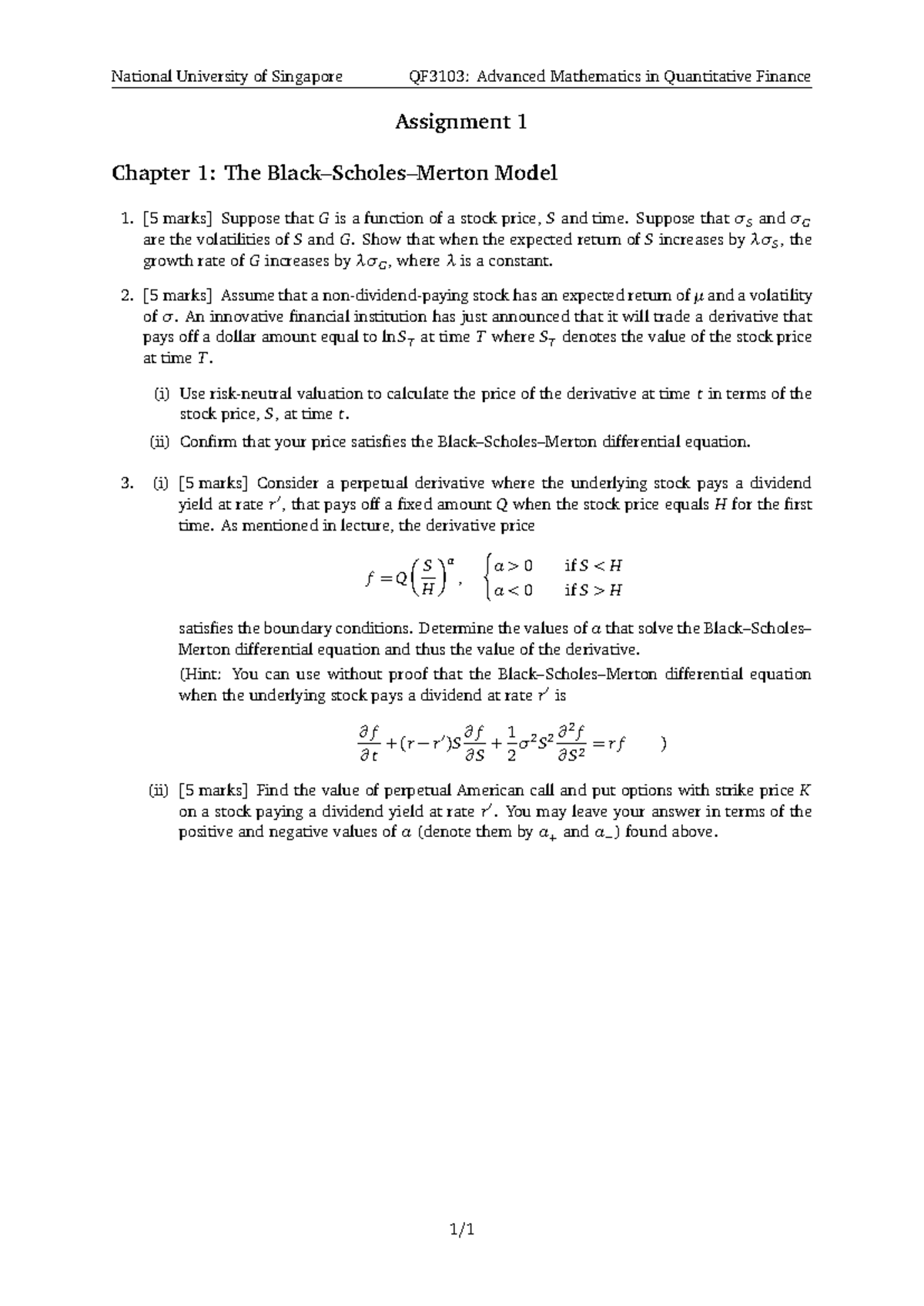 QF3103: Advanced Mathematics in Quantitative Finance Assignment 1 - The ...