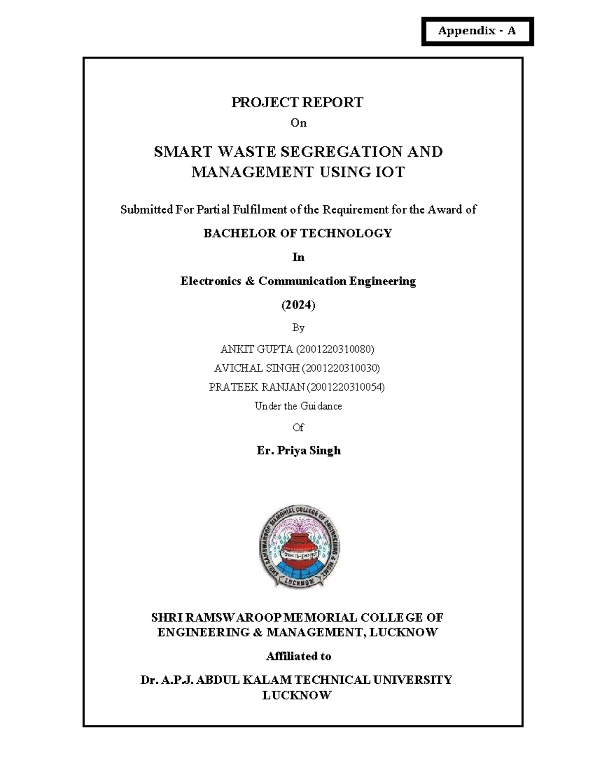Avichal project report - PROJECT REPORT On SMART WASTE SEGREGATION AND ...