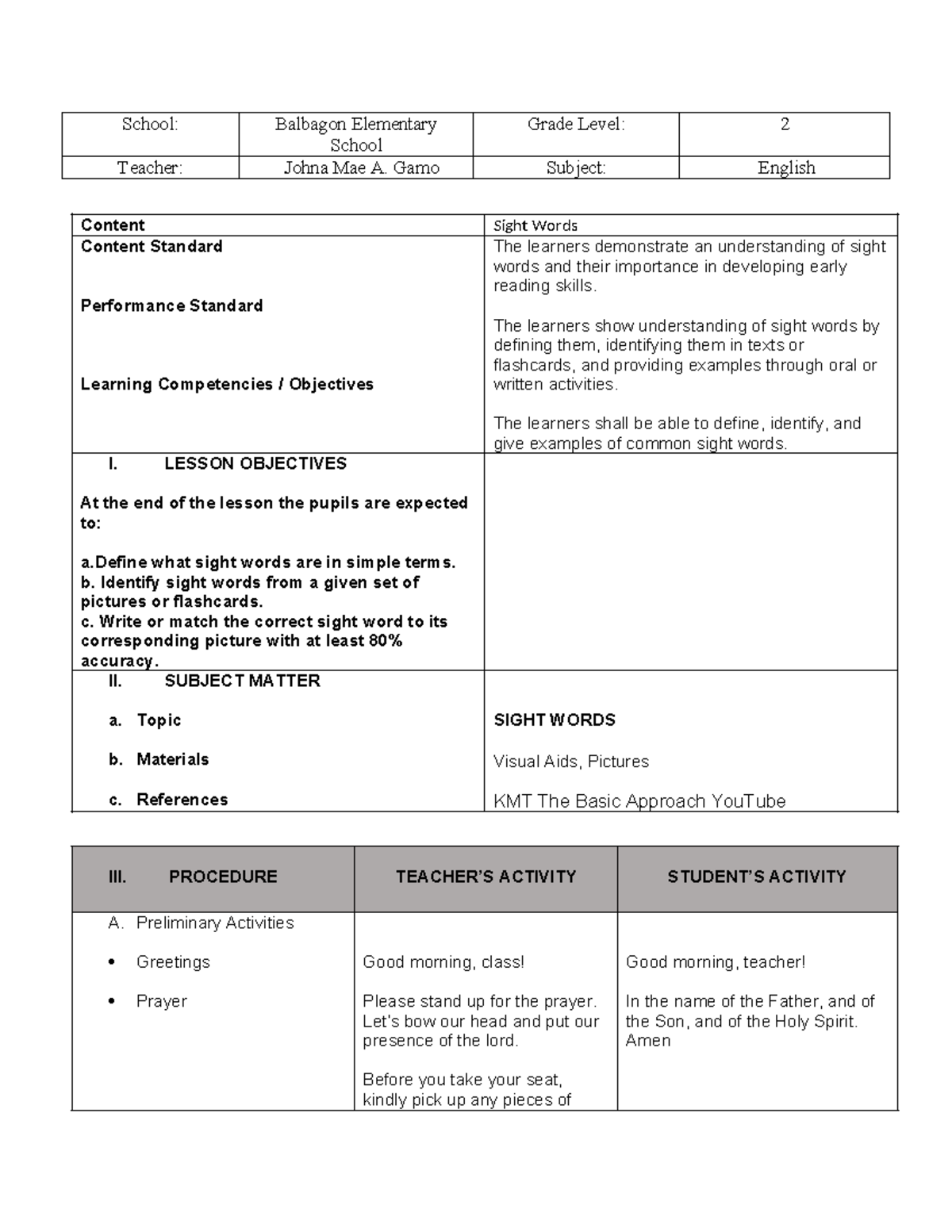 D English 2 - Lesson Plan on Sight Words by Johna Mae A. Gamo - Studocu