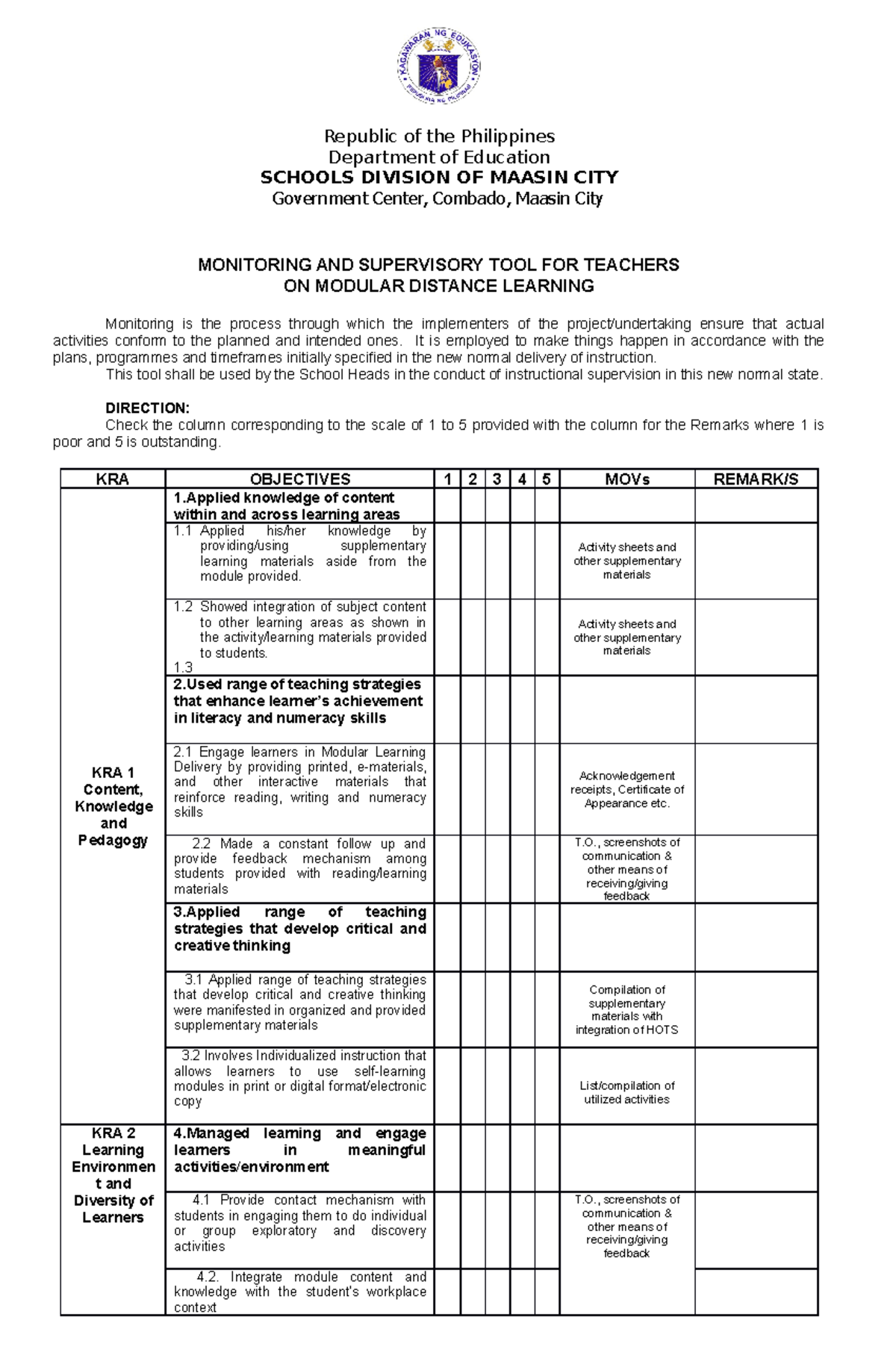 Monitoring Tool For Teachers - MONITORING AND SUPERVISORY TOOL FOR ...