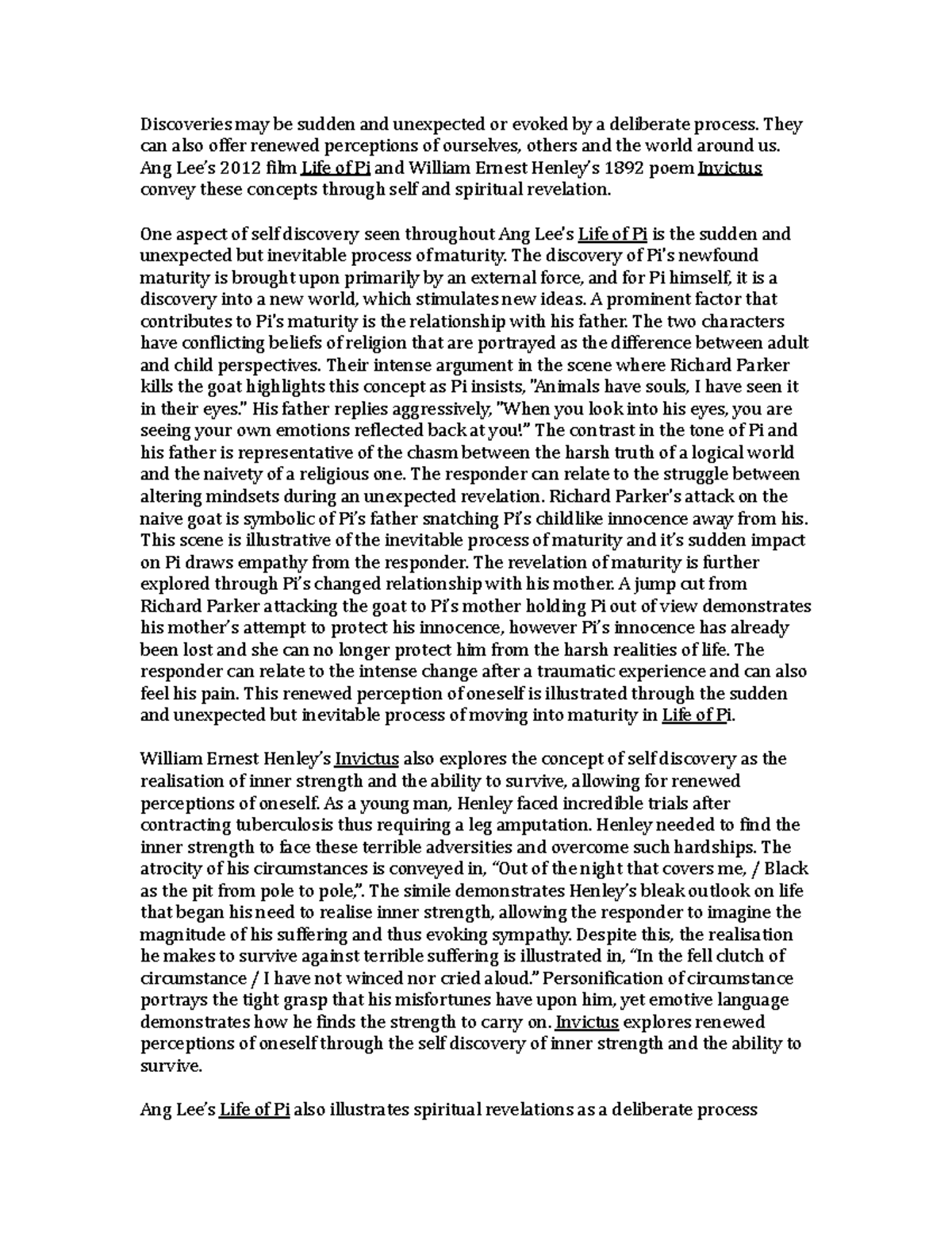 Invictus & Life of Pi: Self-Discovery & Spiritual Revelation Essay ...