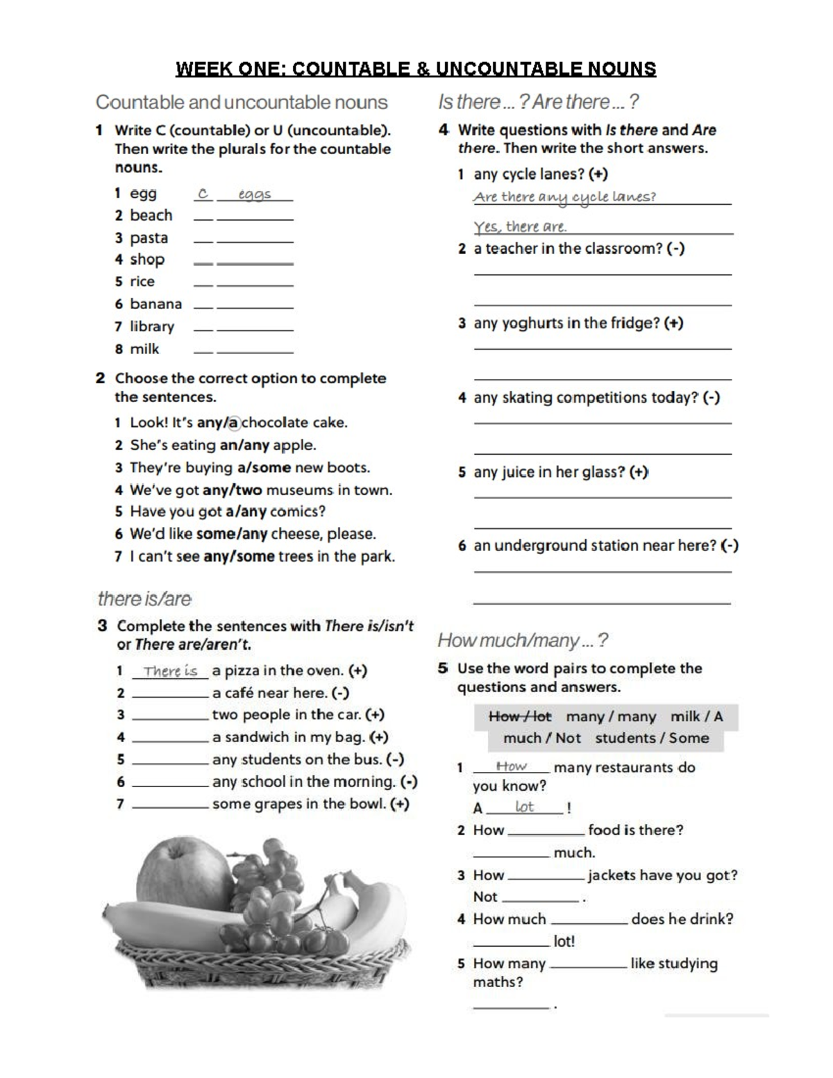 Week One - Countable & Uncountable nouns - WEEK ONE: COUNTABLE UNCOUNTABLE NOUNS Countable and ...