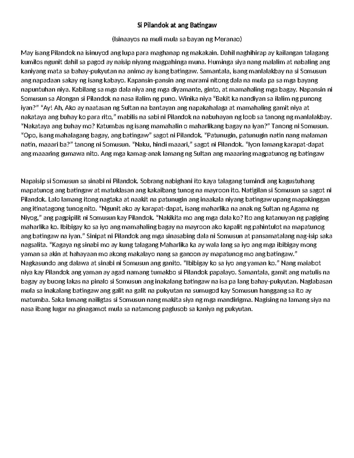 Si Pilandok at ang Batingaw: Isang Kuwentong-Bayan ng Meranao - Studocu