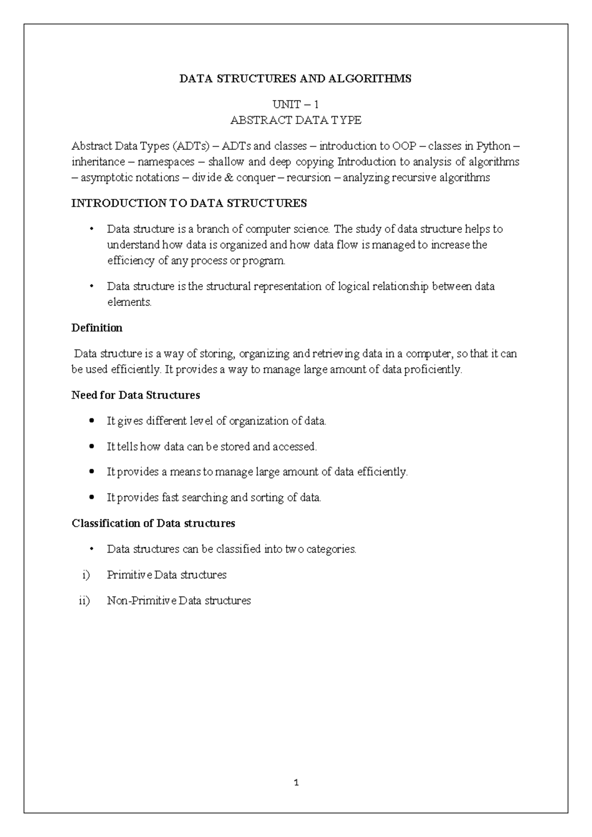 DSA Notes - Unit 1: Understanding Abstract Data Types and OOP - Studocu
