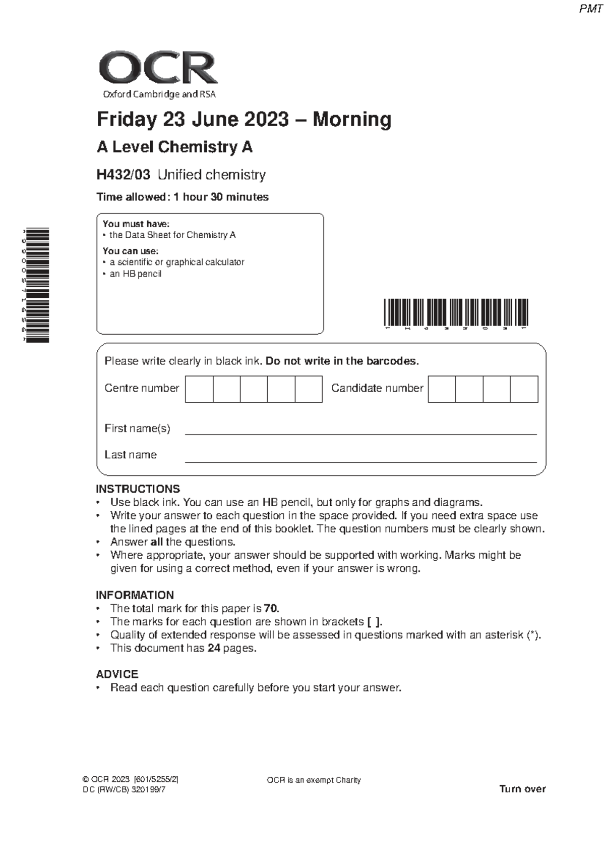 A Level Chemistry A H432/03 Final Exam Paper - Studocu