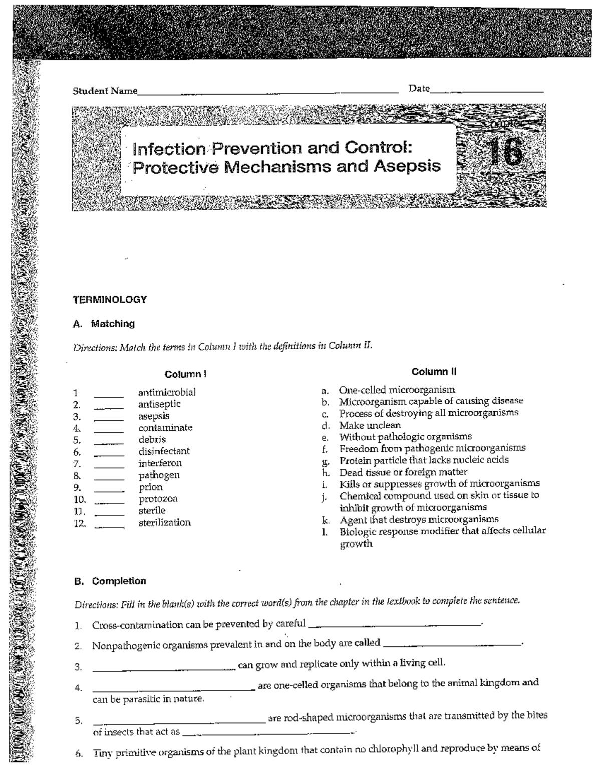 Chapter 16 worksheet - Student Name Date : Infection Prevention and ...