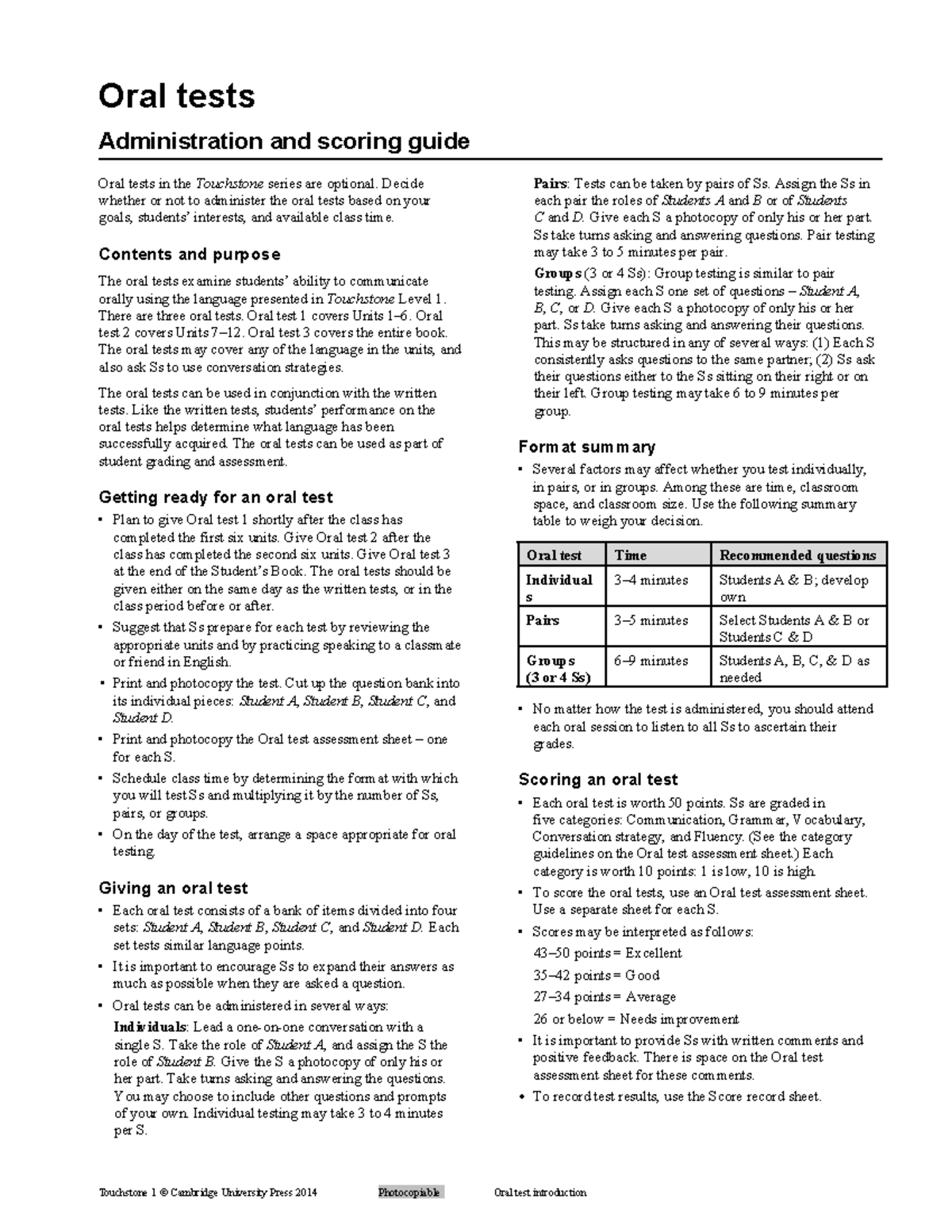 Administering and Scoring Oral Tests - Touchstone Level 1 Guide - Studocu