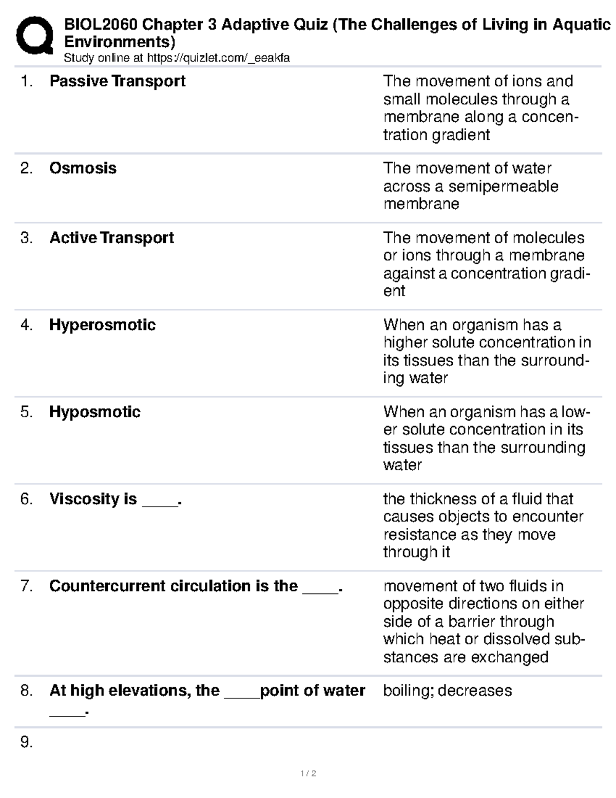 BIOL2060 Chapter 3 Adaptive Quiz: Living in Aquatic Environments - Studocu