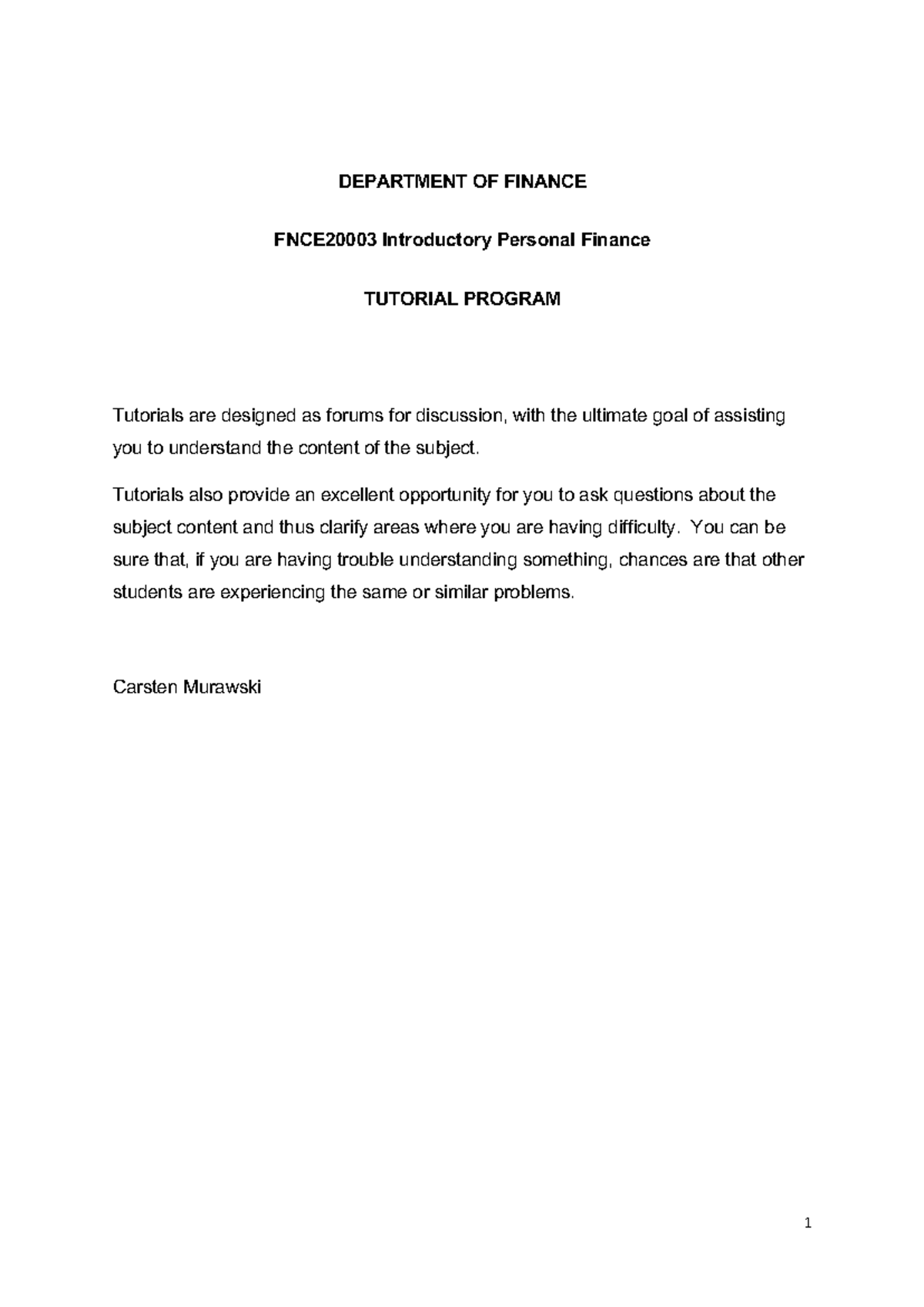 Tutorial 2 - DEPARTMENT OF FINANCE FNCE20003 Introductory Personal ...