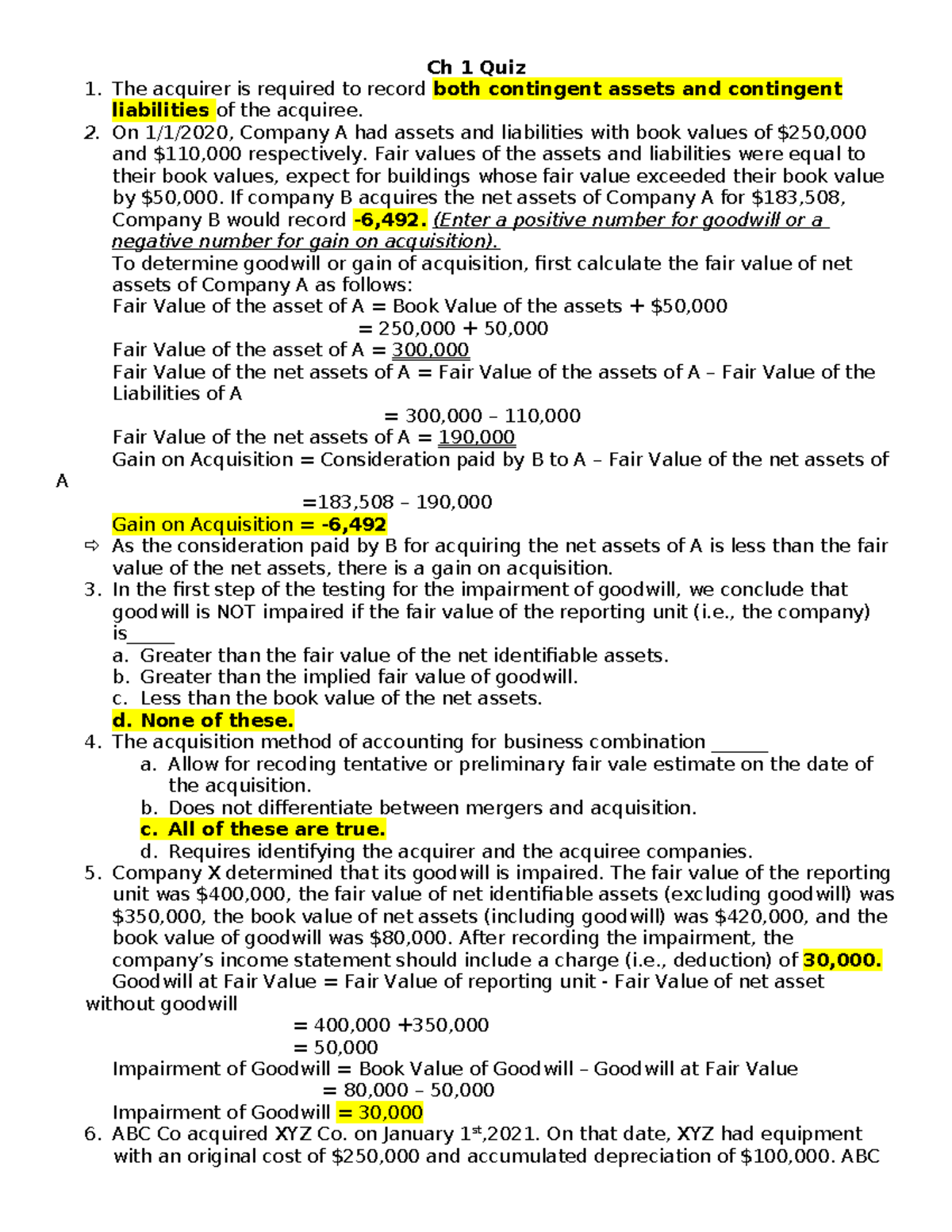 Chapter 1-3 Quizzes: Acquisitions & Goodwill Analysis - Studocu