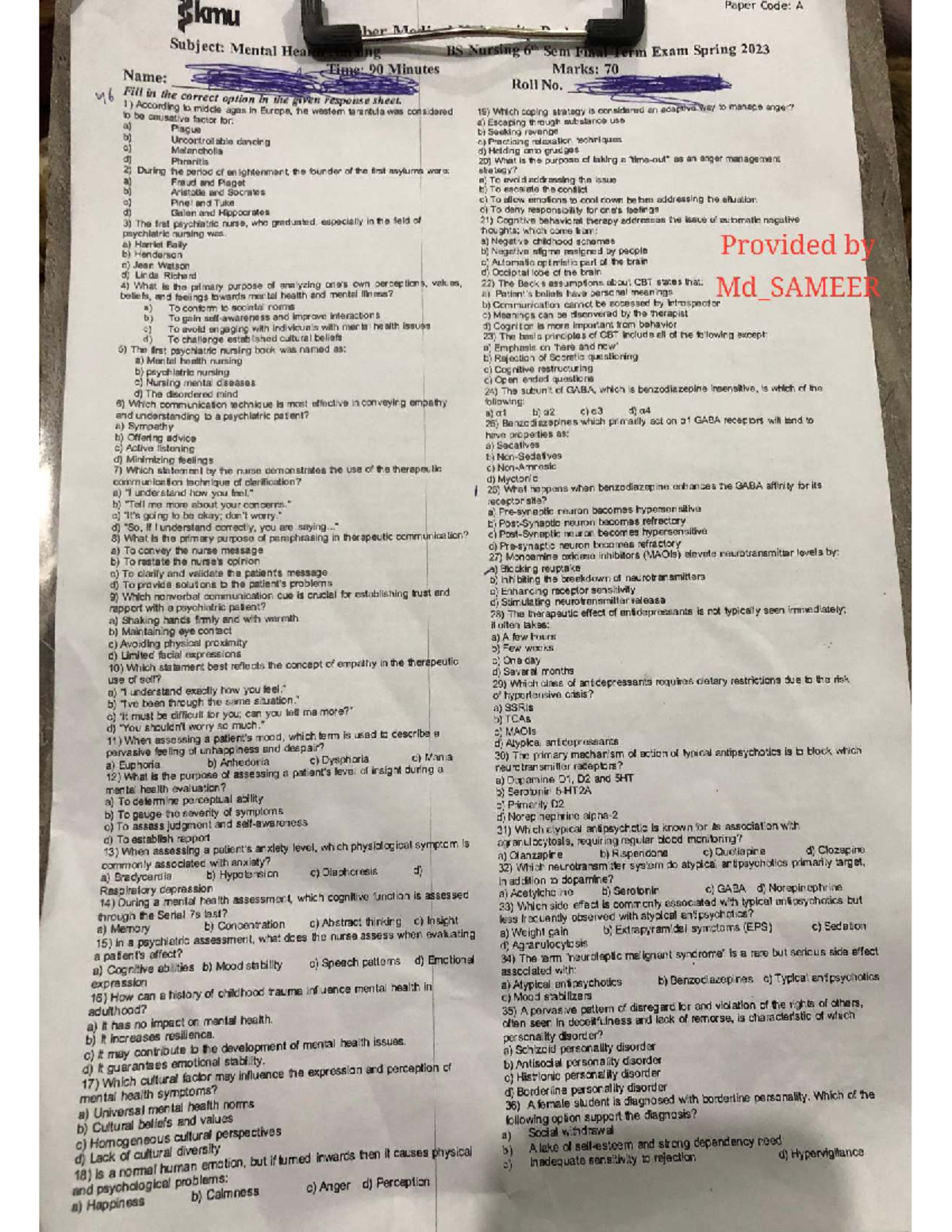 MHN 2023 Final Exam Paper: BS Nursing 6th Sem Mental Health - Studocu