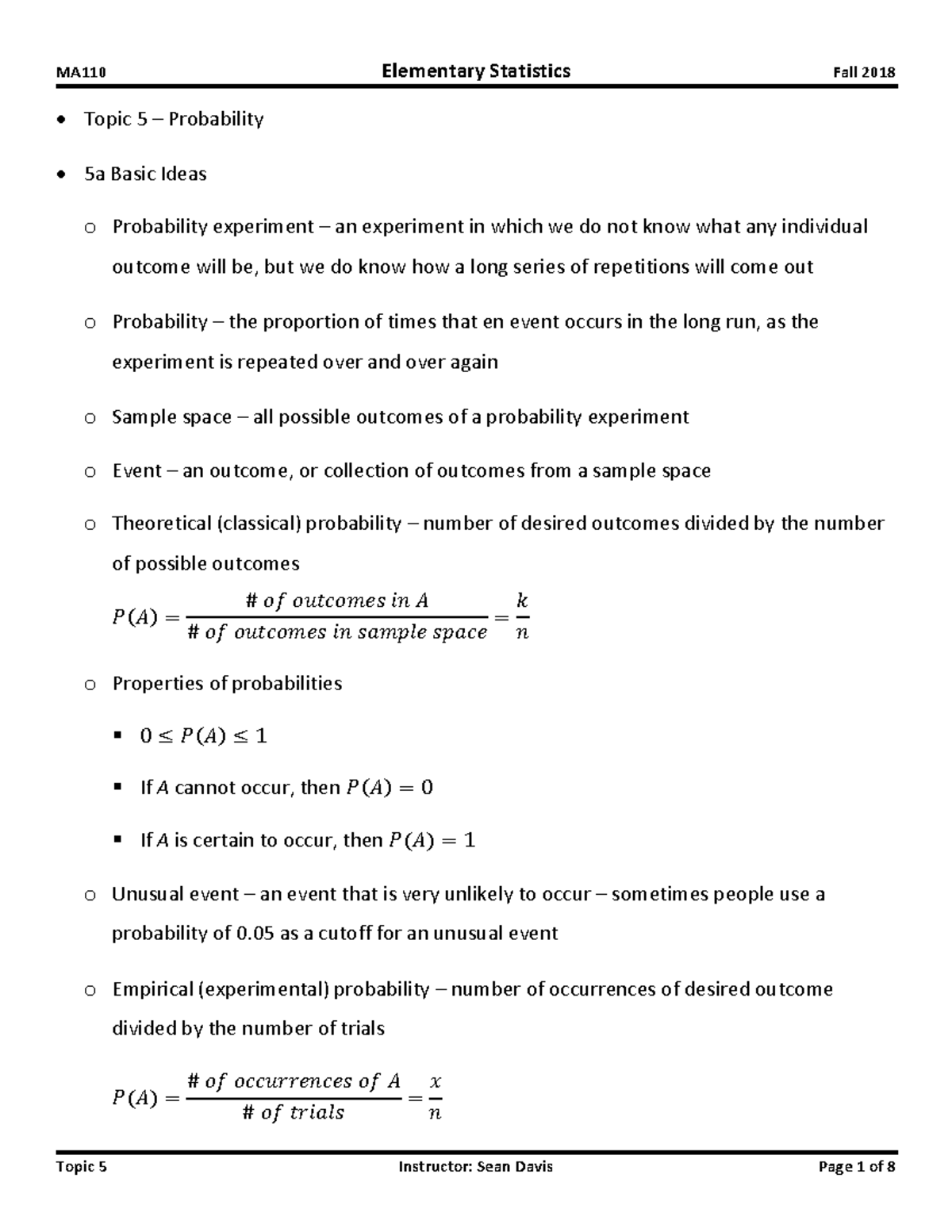 MA110 Elementary Statistics: Topic 5 - Probability and Counting Methods ...