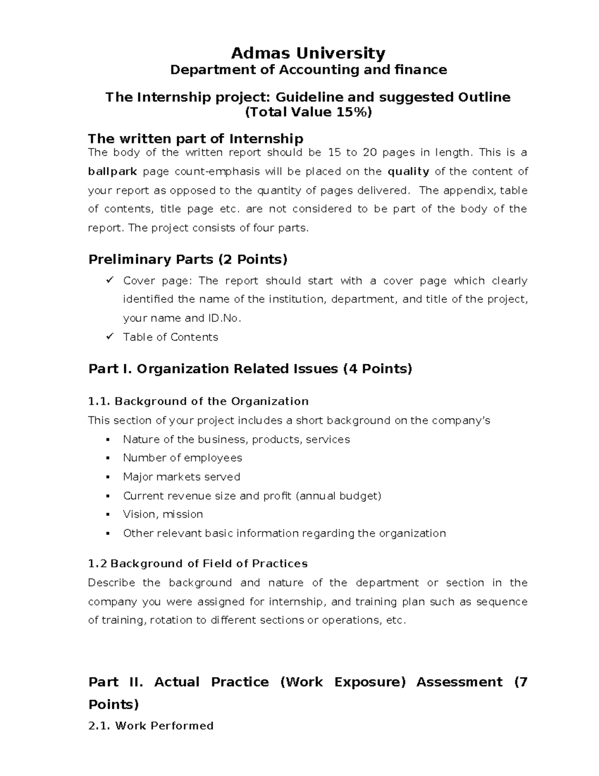 Internship Project Guidelines: Outline for ACCT 101 Report - Studocu