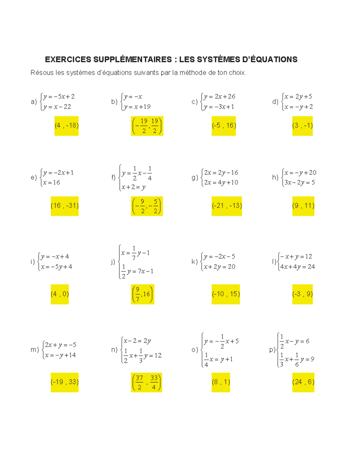Exercices Supplémentaires : Systèmes d'Équations (Math 101) - Studocu