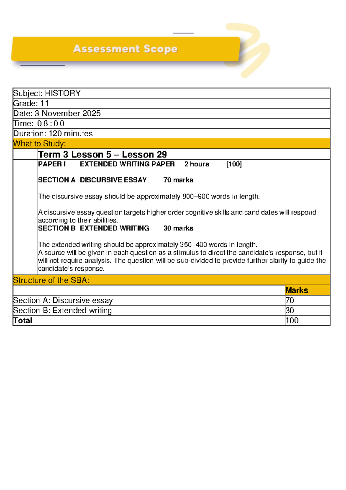HISTORY GRADE 11 Term 3 Lesson 5 Paper 1 Extended Writing Guide - Studocu