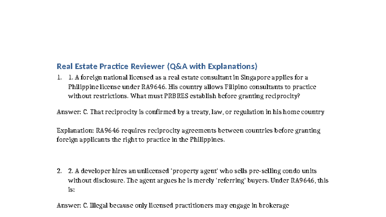 Real Estate Reviewer QA: Key Concepts Under RA9646 - Studocu