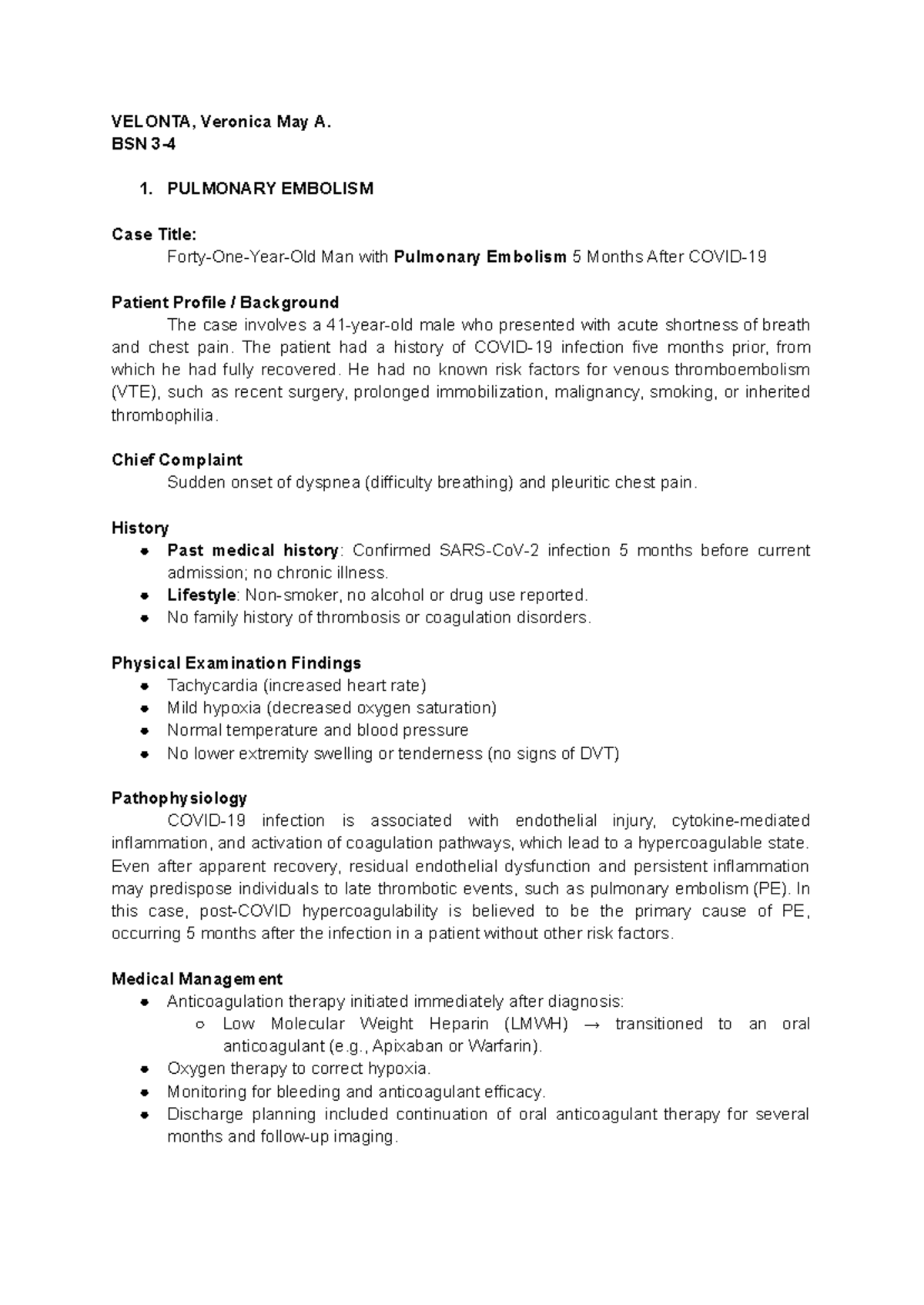 BSN Case Study: Pulmonary Embolism 5 Months Post-Infection - Studocu