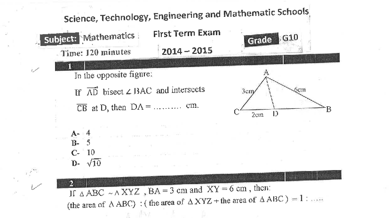 Mathematics G10 First Term Exam 2014-2015 - Studocu
