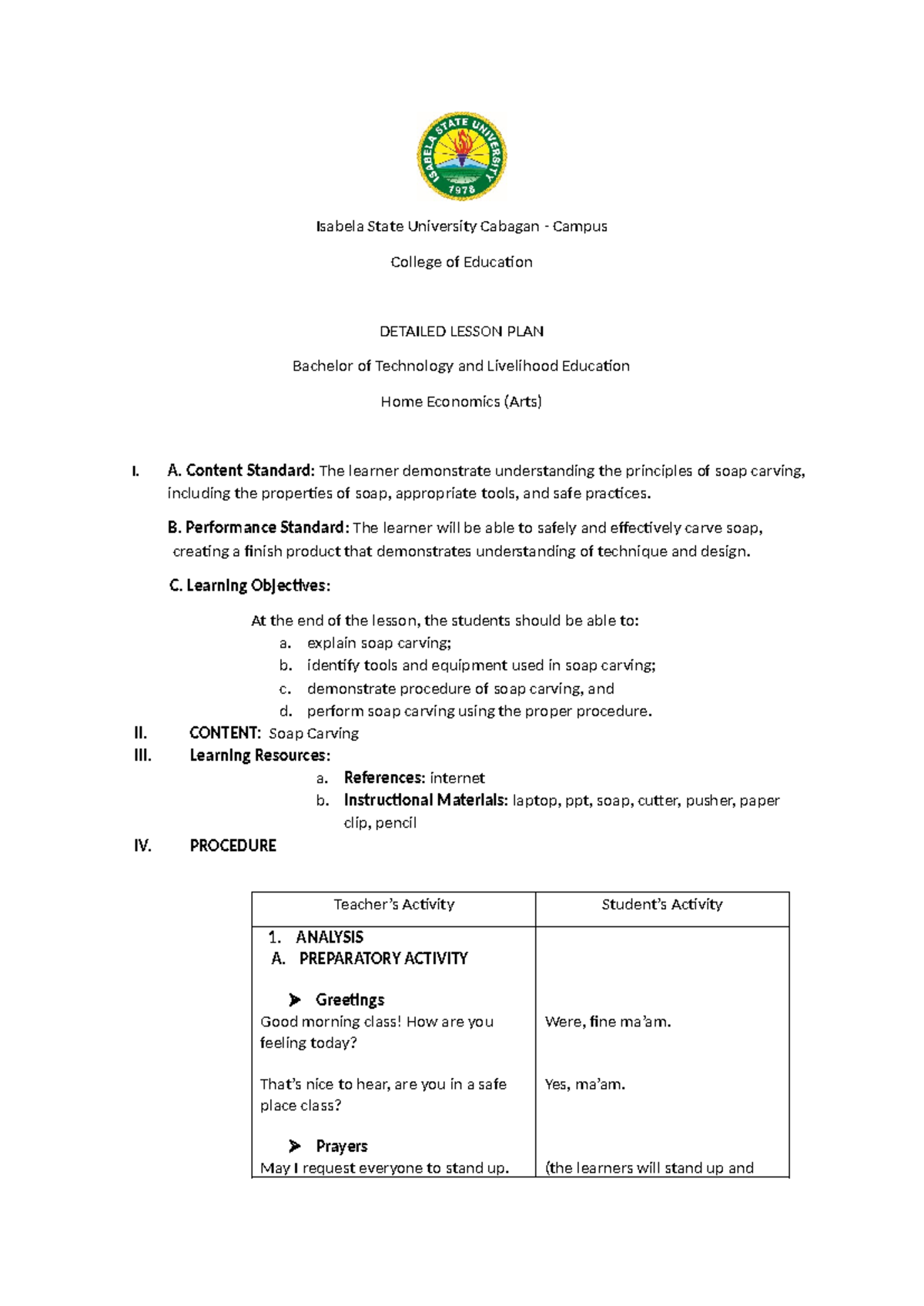 Detailed Lesson Plan on Soap Carving - BTLED 3-H - Studocu