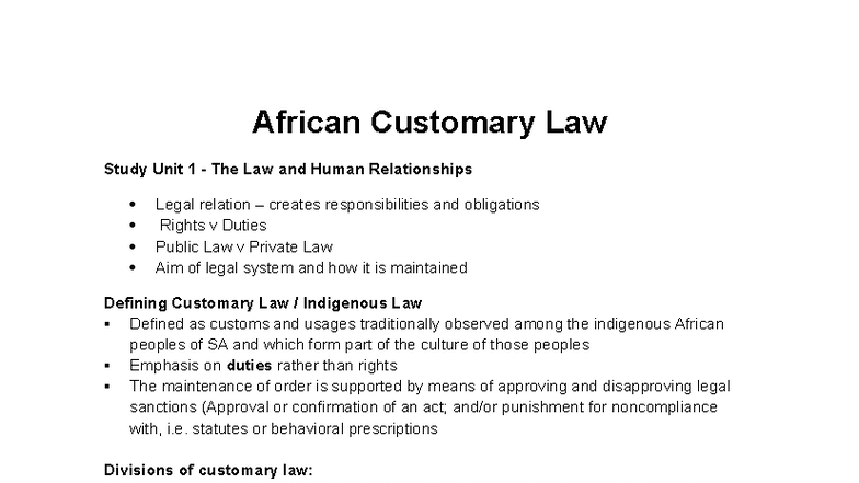 African Customary Law - Lecture Notes on Legal Relationships and Duties ...