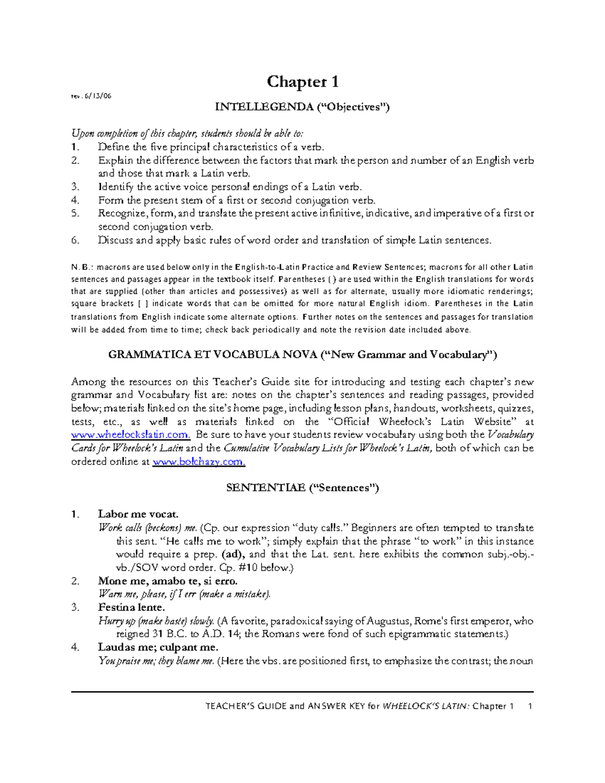 Teacher's Guide & Answer Key for Wheelock's Latin: Chapters 1-3 ...