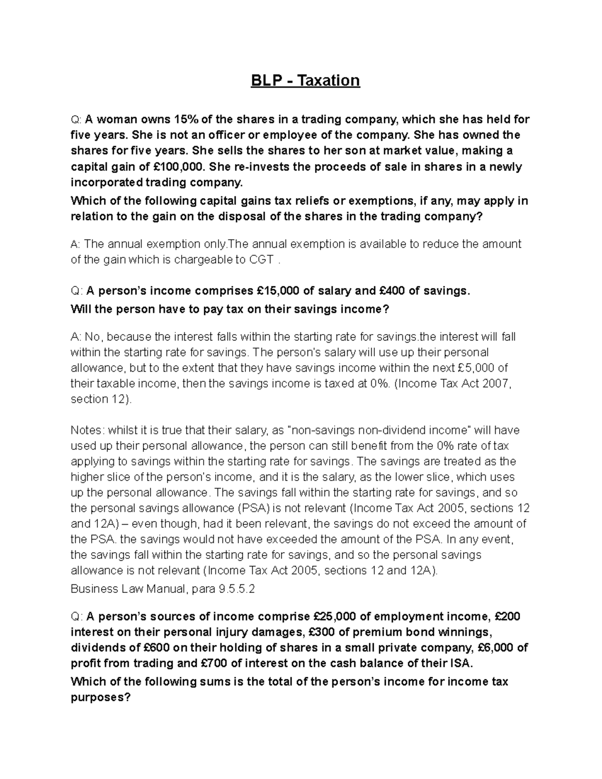 Tax Reliefs and CGT: Insights for BLP Taxation Students - Studocu