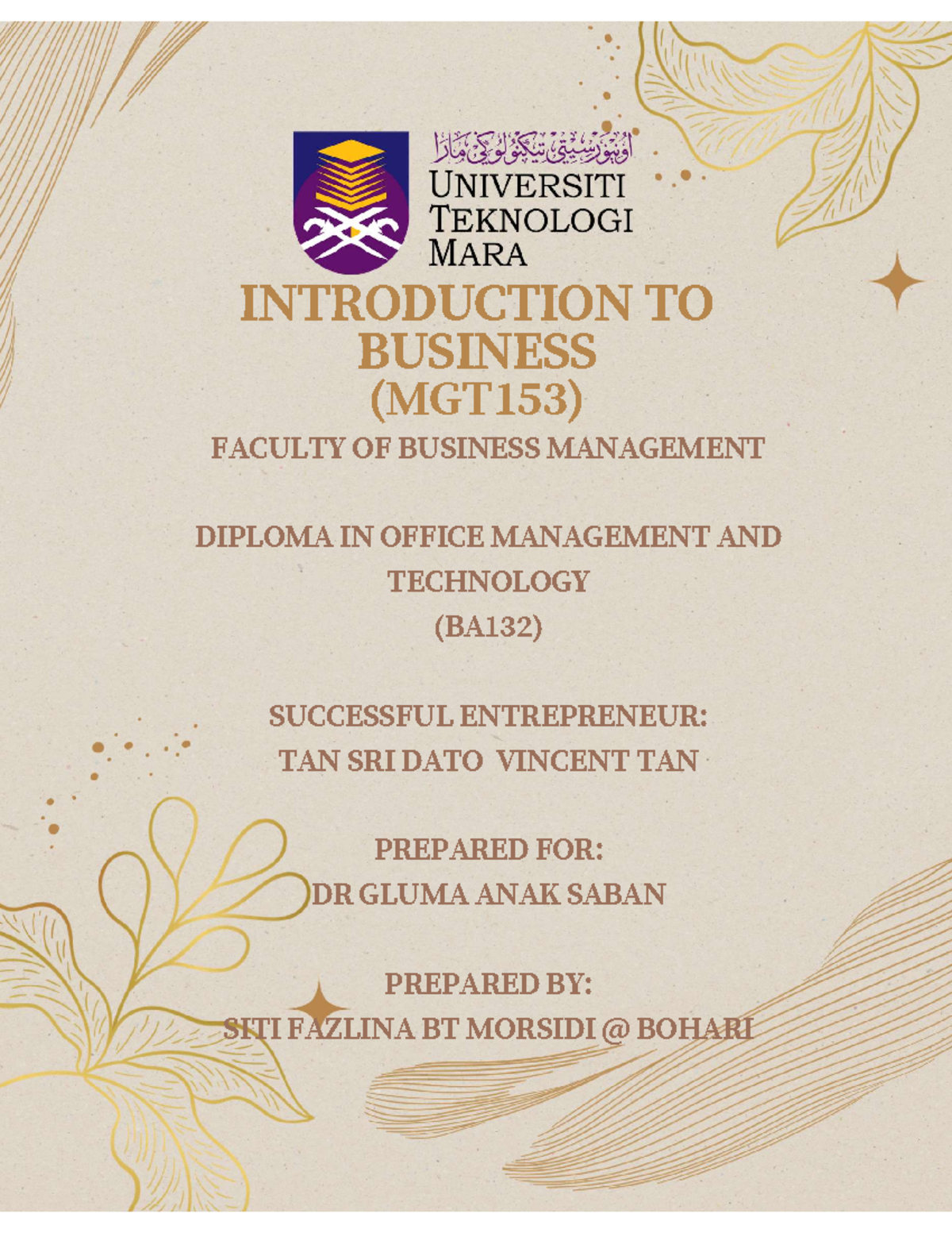 Vincent Tan: A Successful Entrepreneur (MGT153) - Studocu