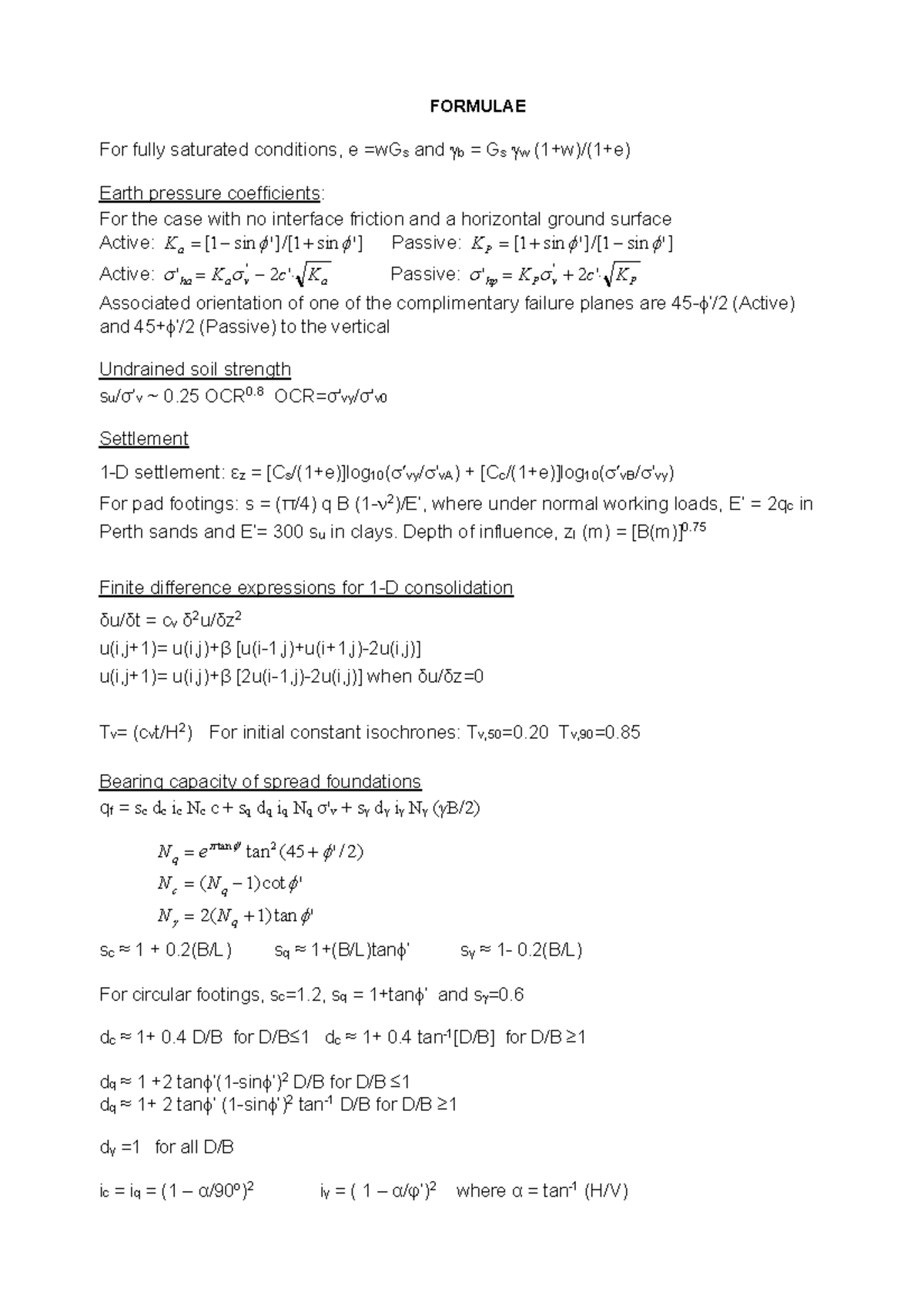 Formula Sheet for CIVL3401: Earth Pressure Coefficients & Consolidation ...