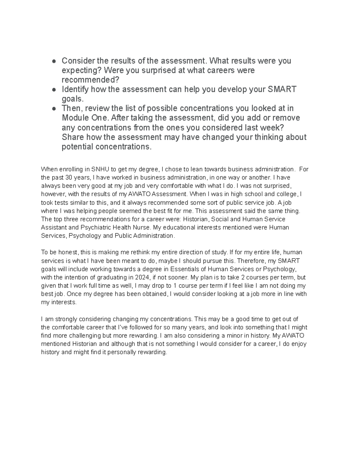 SNHU Discussion 2-1: Reflecting on SMART Skills & Career Assessment ...