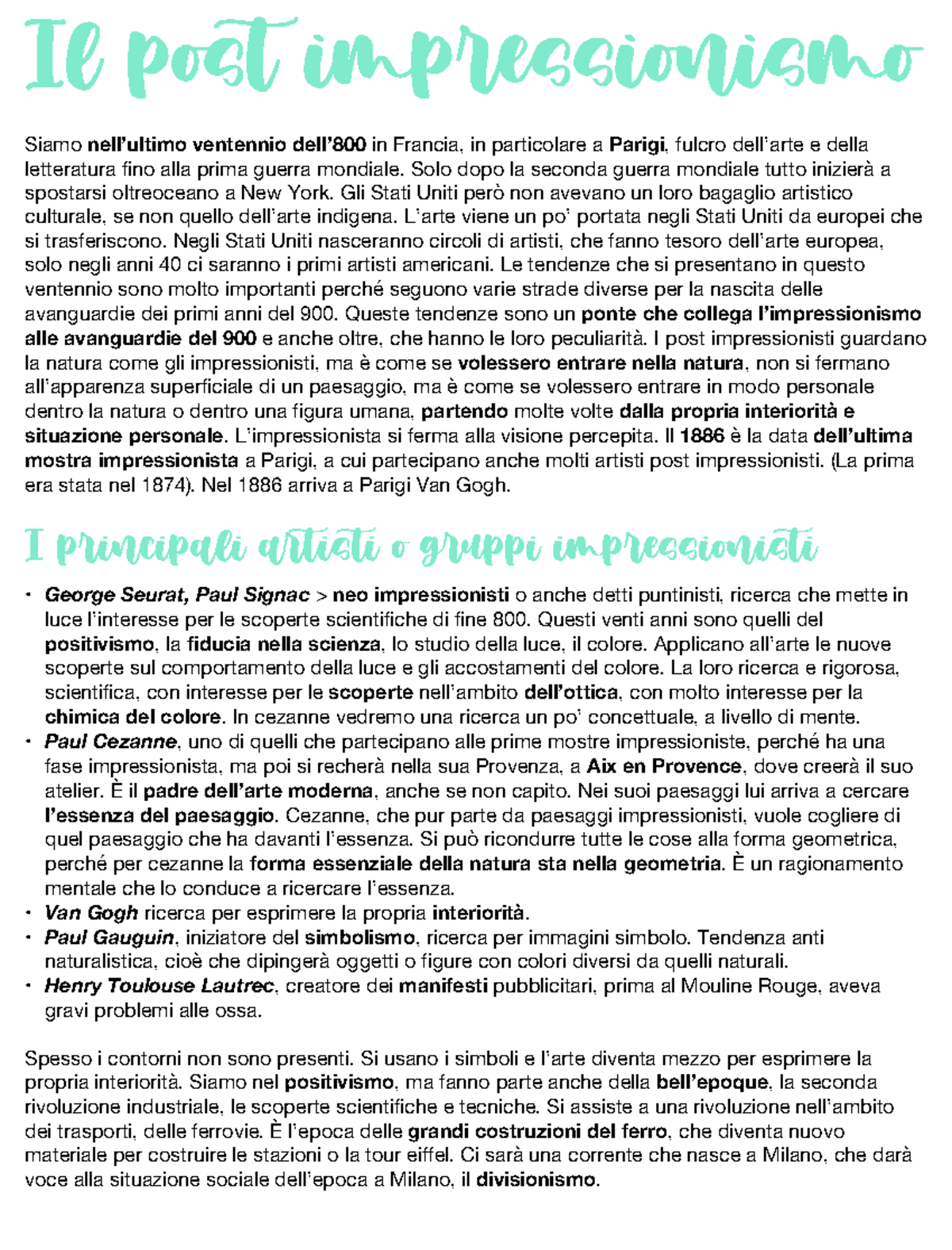 Tendenze Post-Impressioniste: Un'Analisi Artistica e Culturale - Studocu