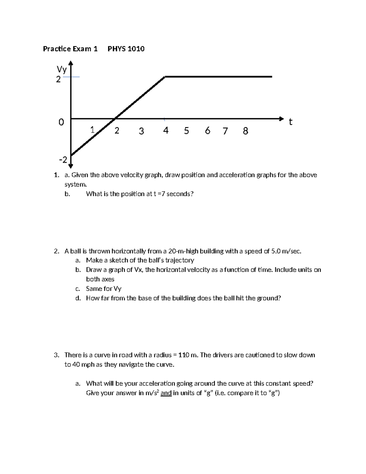 Practice Exam 1: PHYS 1010 - Kinematics & Dynamics Questions - Studocu