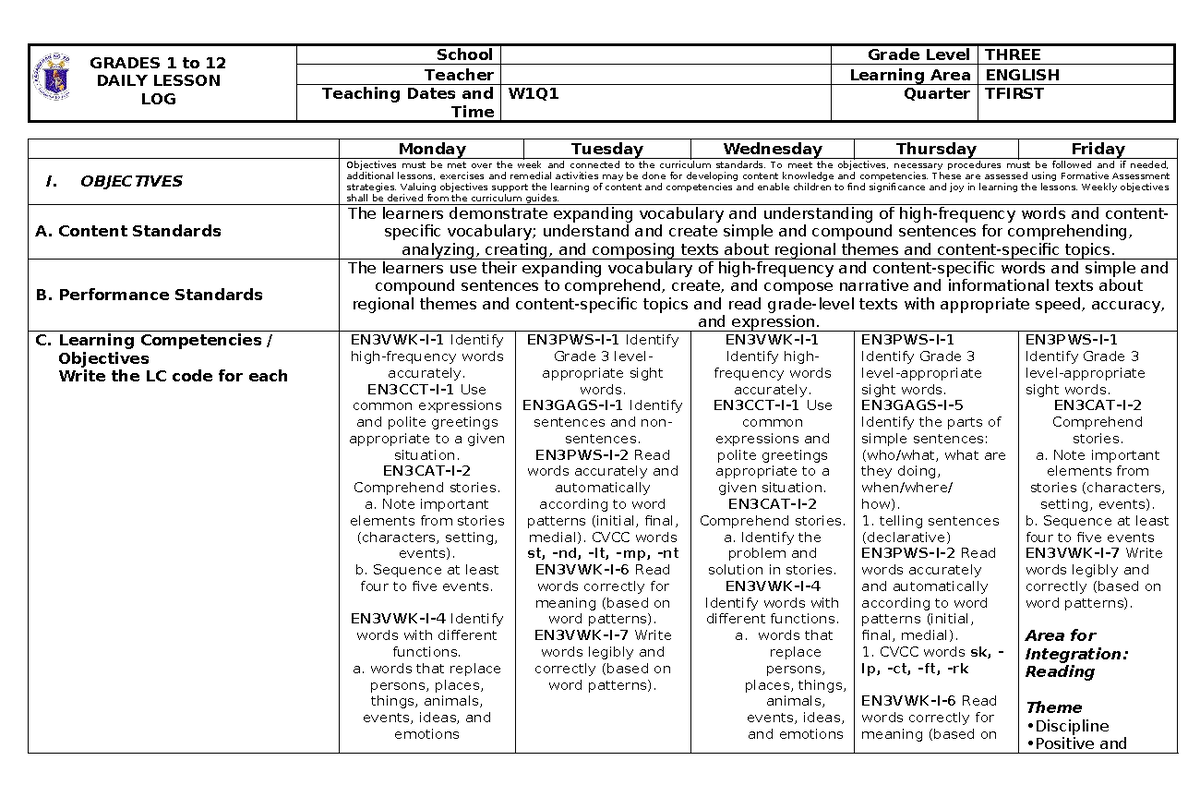 Q1 ENGLISH DLL WEEK 1: Daily Lesson Log for Grades 1-3 - Studocu