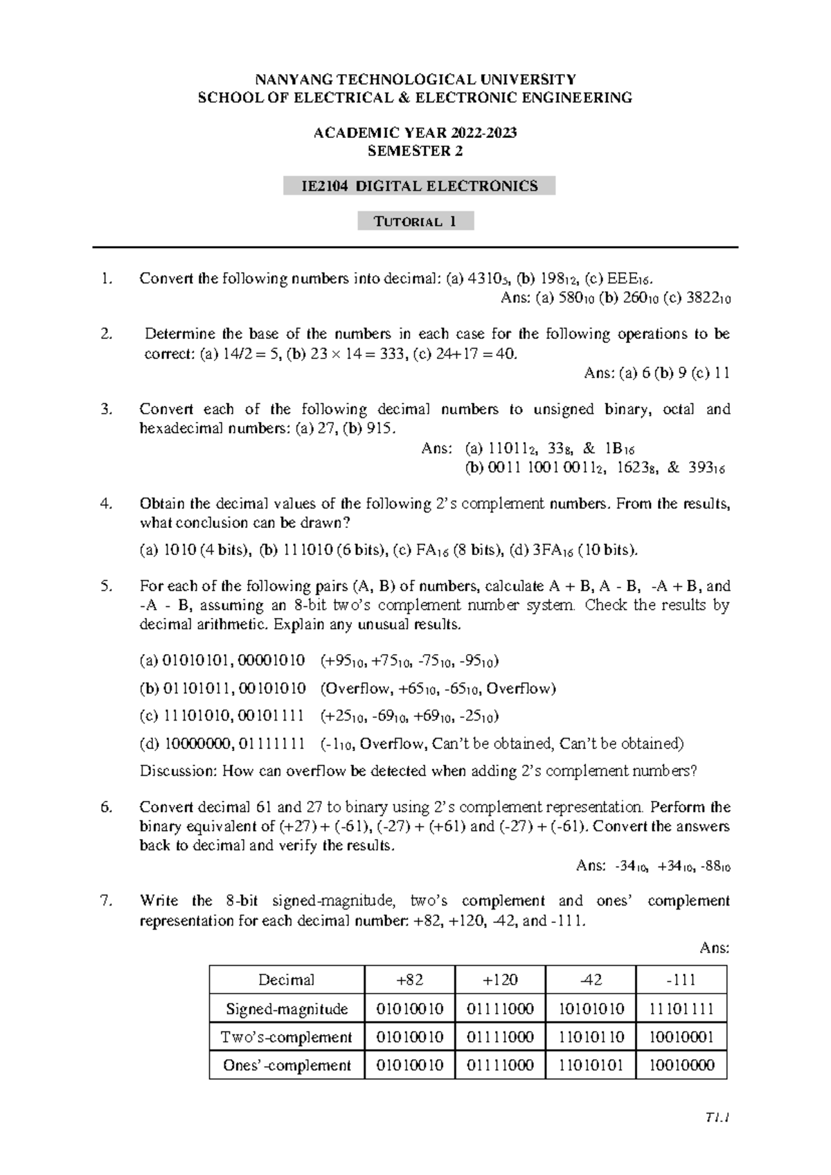 IE2104 Digital Electronics - Tutorial 1-7 - NANYANG TECHNOLOGICAL ...