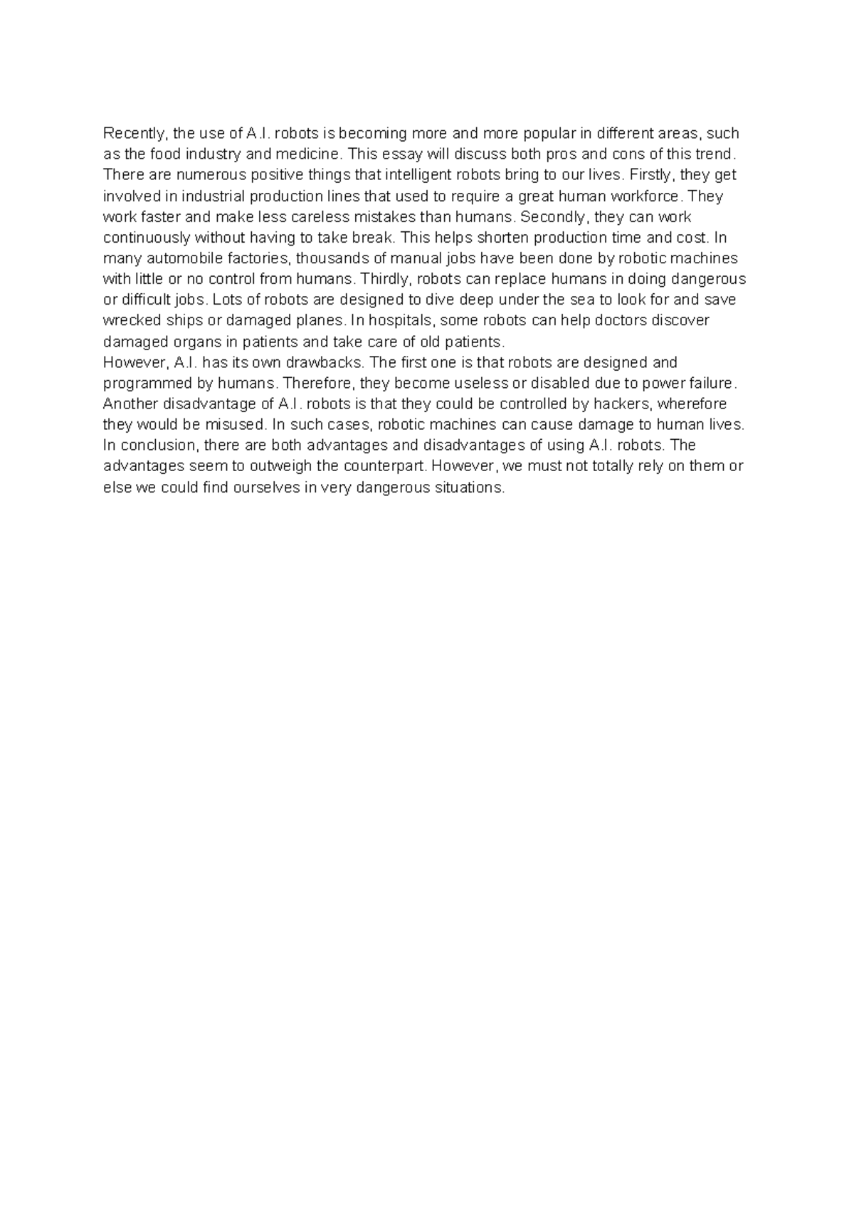 A.I. Robots: Pros and Cons in Industry and Medicine - Essay Notes - Studocu