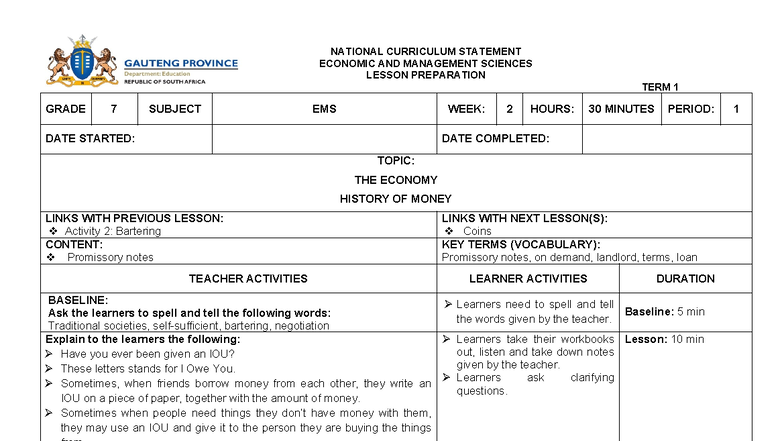 EMS Grade 7 Lesson Plan: The Economy & History of Money - Studocu